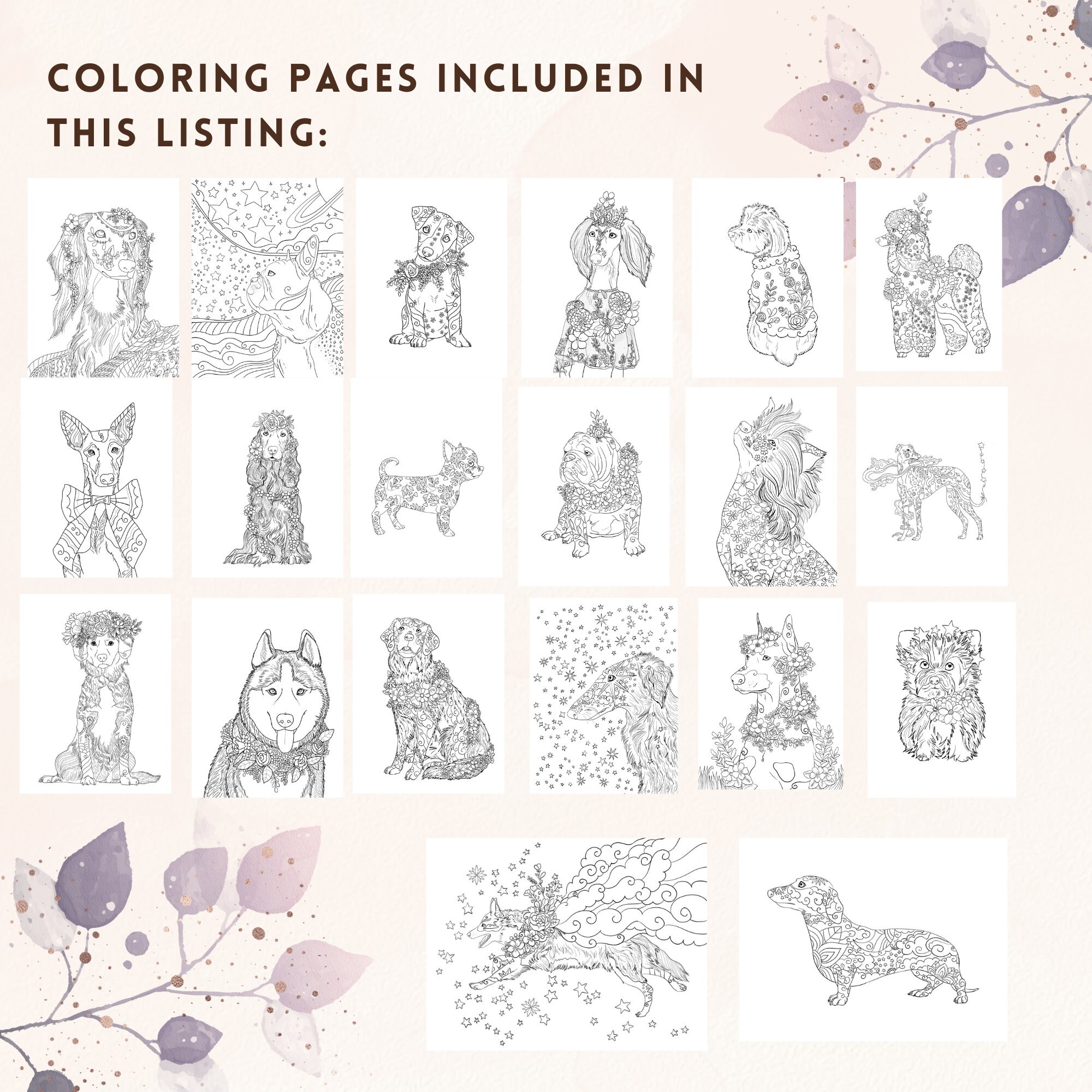 Dogs, Printable Coloring Pages for Adults, Printable Instant Digital ...