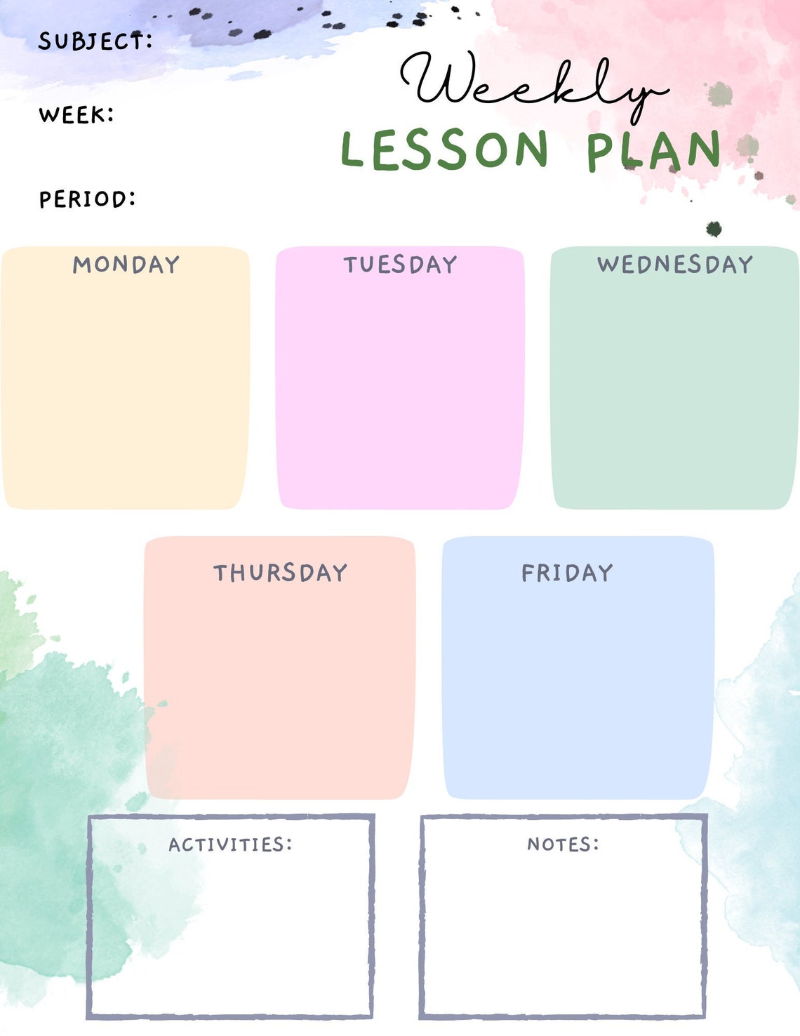 Weekly Lesson Plan Printable, Instant One Time Download, Watercolor ...
