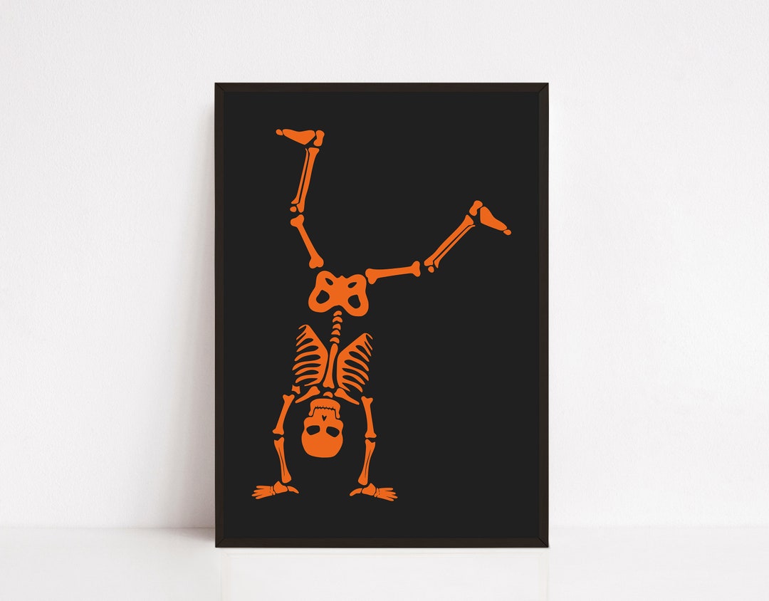 Dancing Skeleton Print, Funny Skeleton Poster, Orange Halloween Wall ...