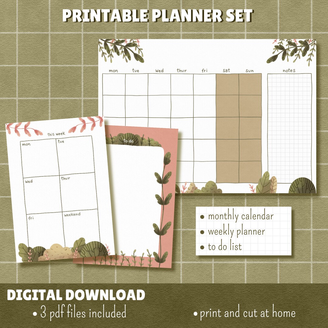 Cottagecore Undated Planner Set Printable Planner Cute Monthly, Weekly ...
