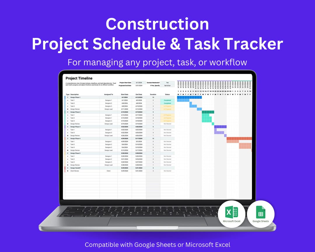 Construction Project Tracker | Project Management Excel Google Sheets ...
