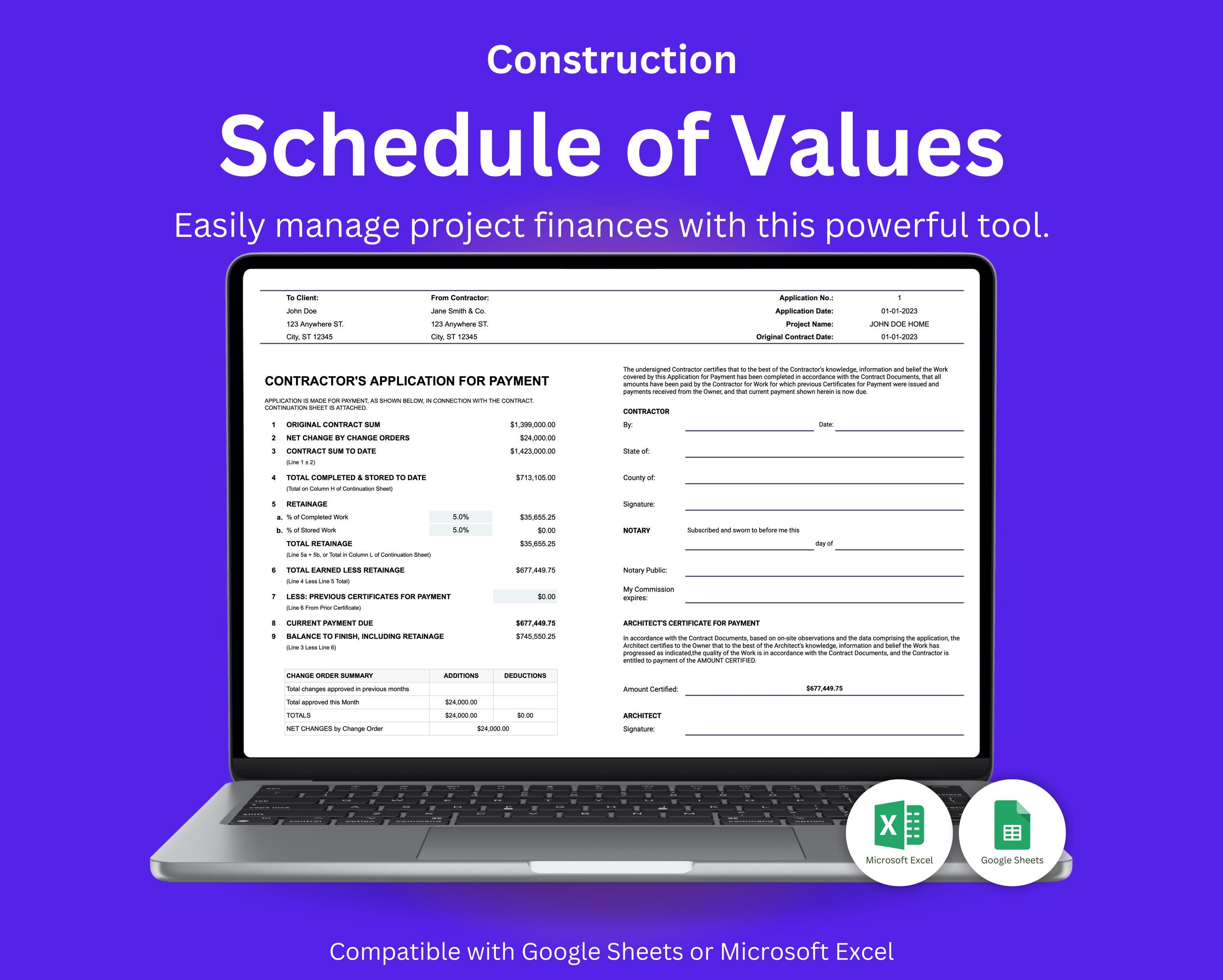 Construction Payment Application | Schedule of Values Template ...