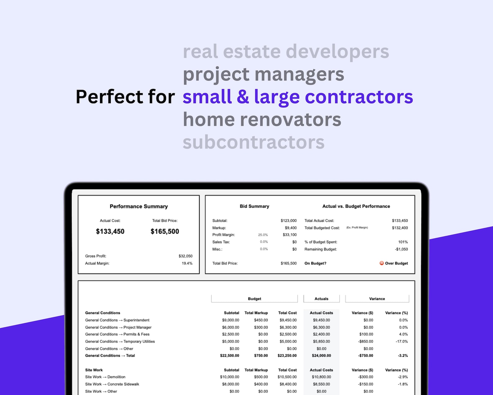Construction Job Costing Template for Contractors | Budget Vs Actual ...
