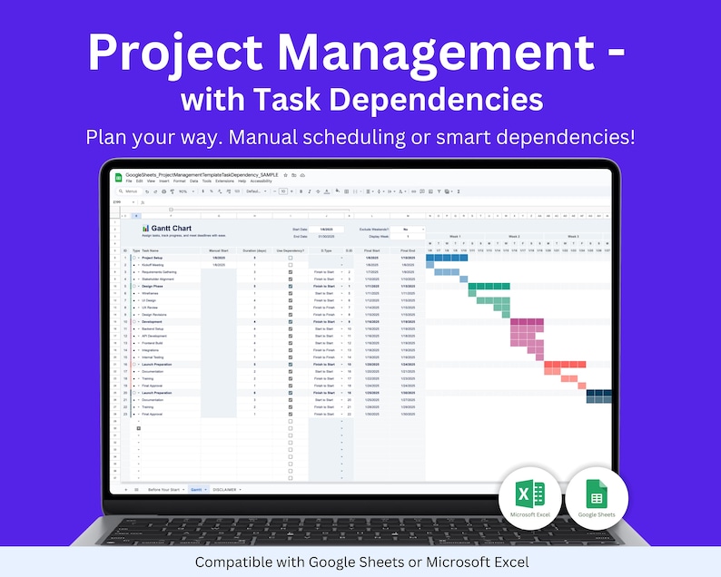 Project Planner Template With Task Dependencies and Gantt Chart | Excel ...