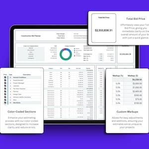 Bid & Estimate Planner, Bidding Template, Estimate Spreadsheet, Construction Tracker, Building ...