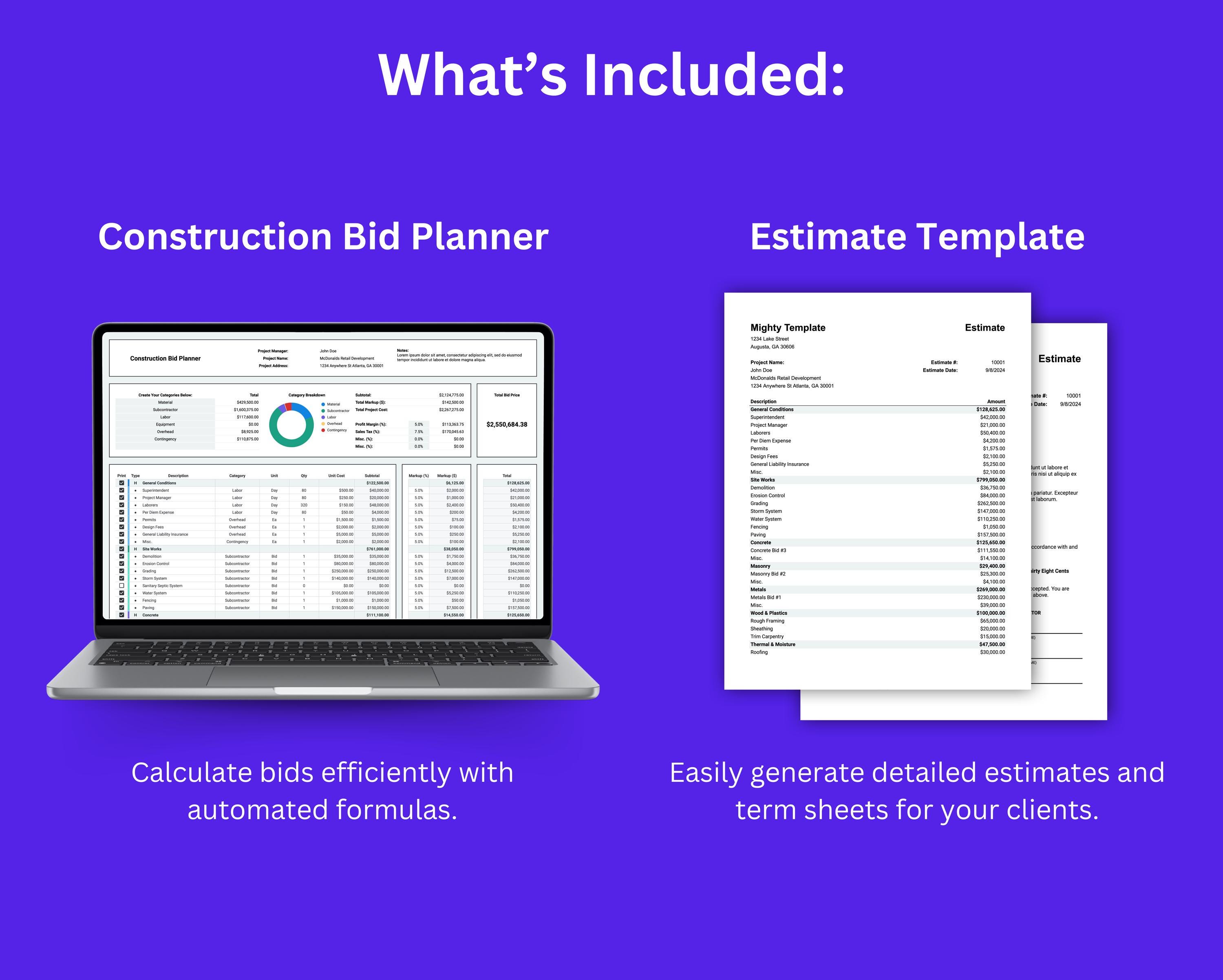 Bid & Estimate Planner, Bidding Template, Estimate Spreadsheet ...