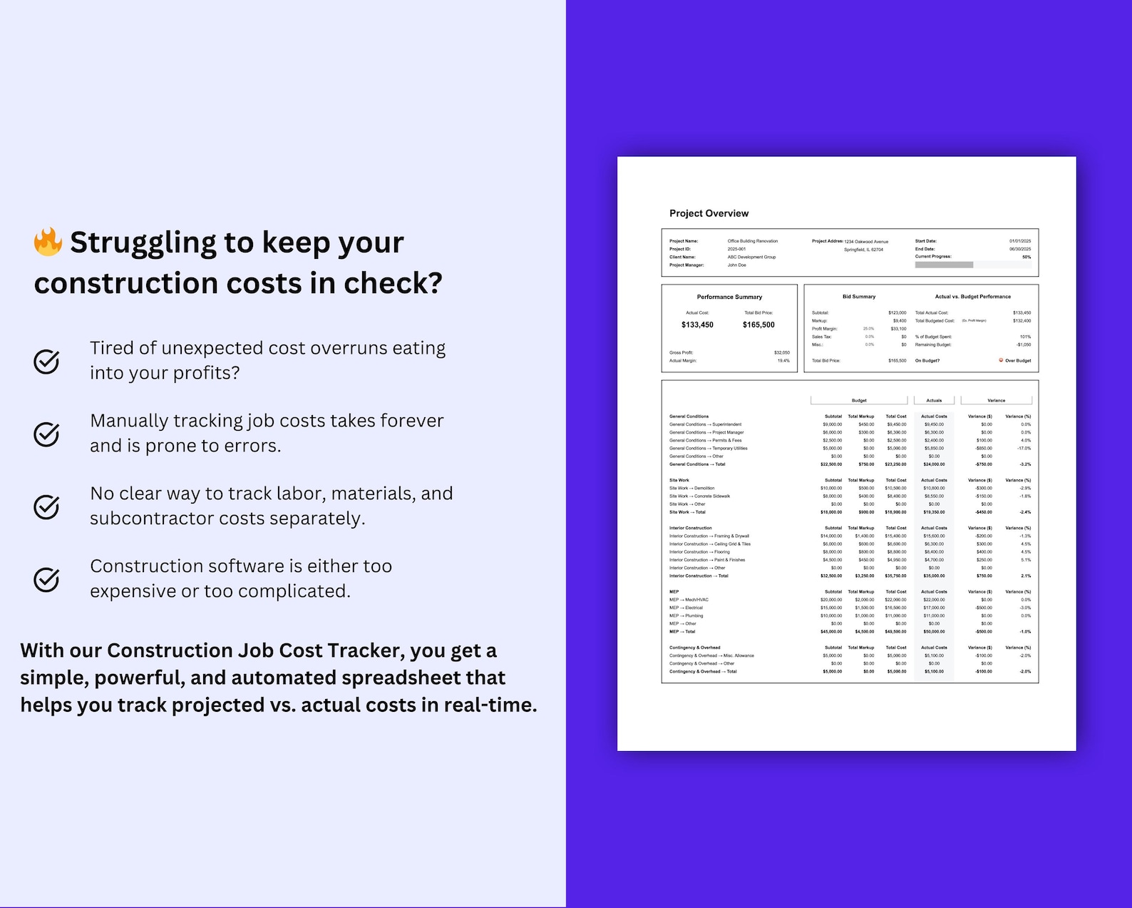 Construction Job Costing Template for Contractors | Budget Vs Actual ...