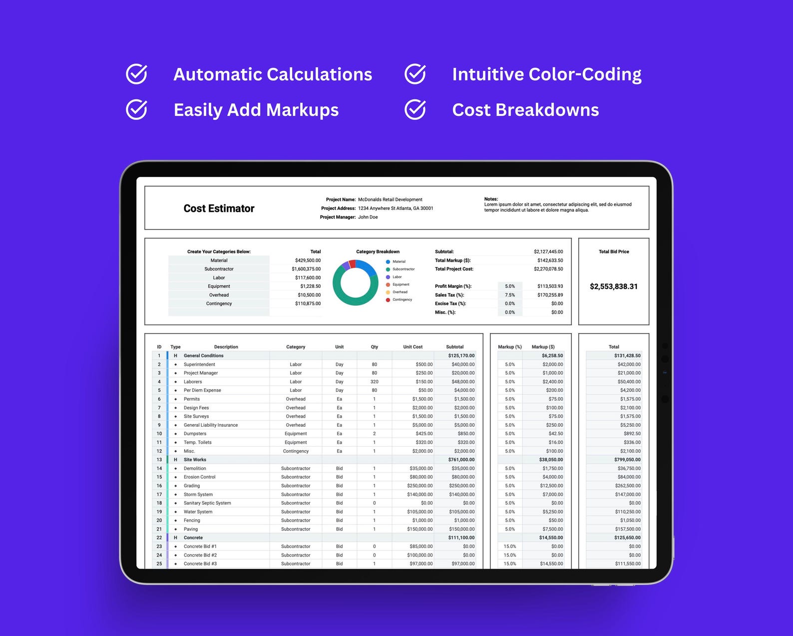 Bid & Estimate Planner, Bidding Template, Estimate Spreadsheet ...