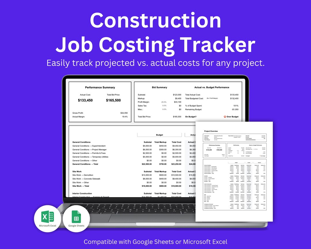 Construction Job Costing Template, Budget Vs Actual (excel & Google ...