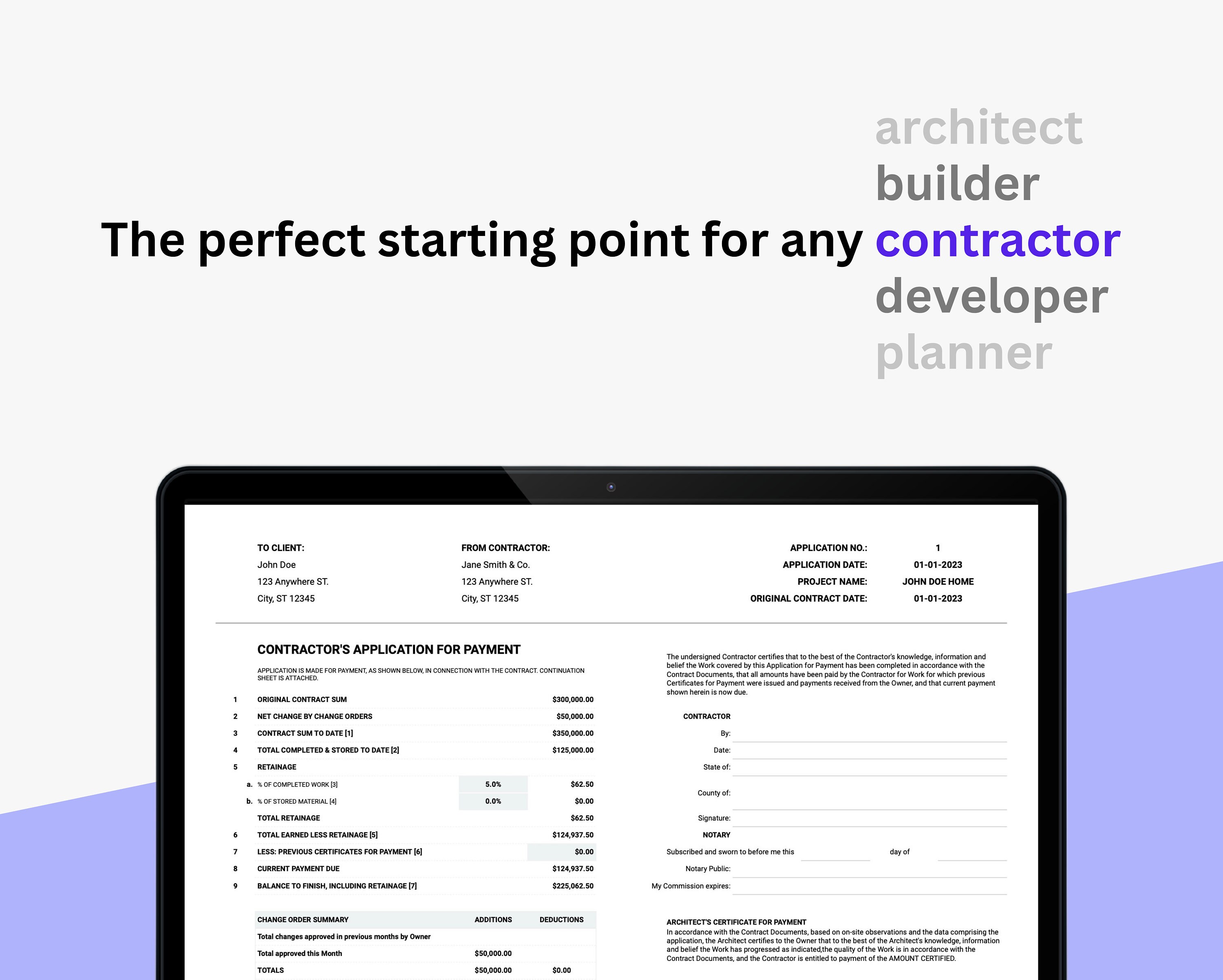 Construction Payment Application, Subcontractor Payment Certificate, Contractor Invoice ...