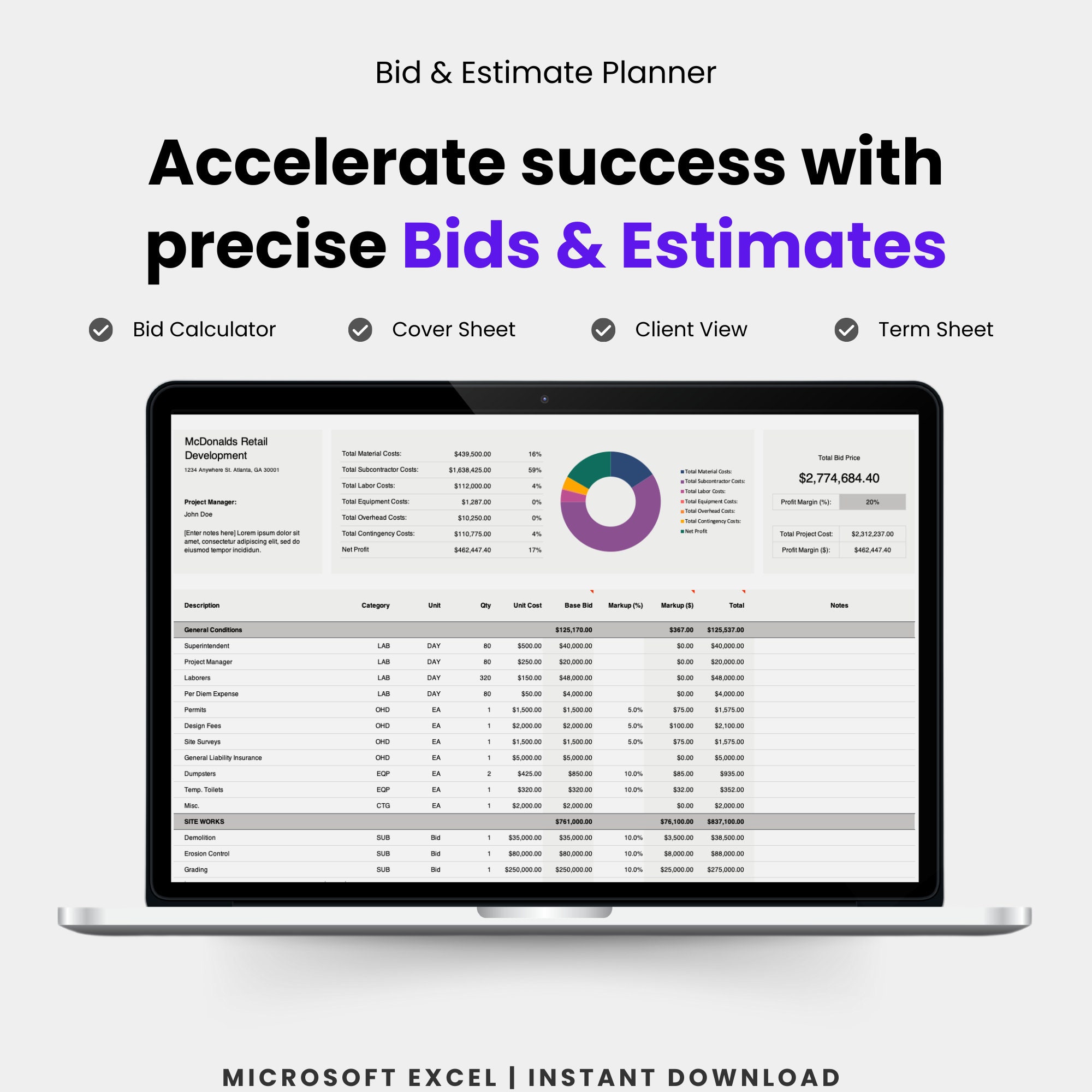Bid & Estimate Planner, Bidding Template, Estimate Spreadsheet ...