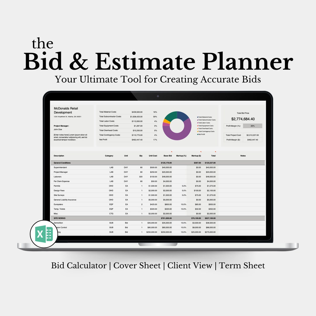Bid & Estimate Planner, Bidding Template, Estimate Spreadsheet ...