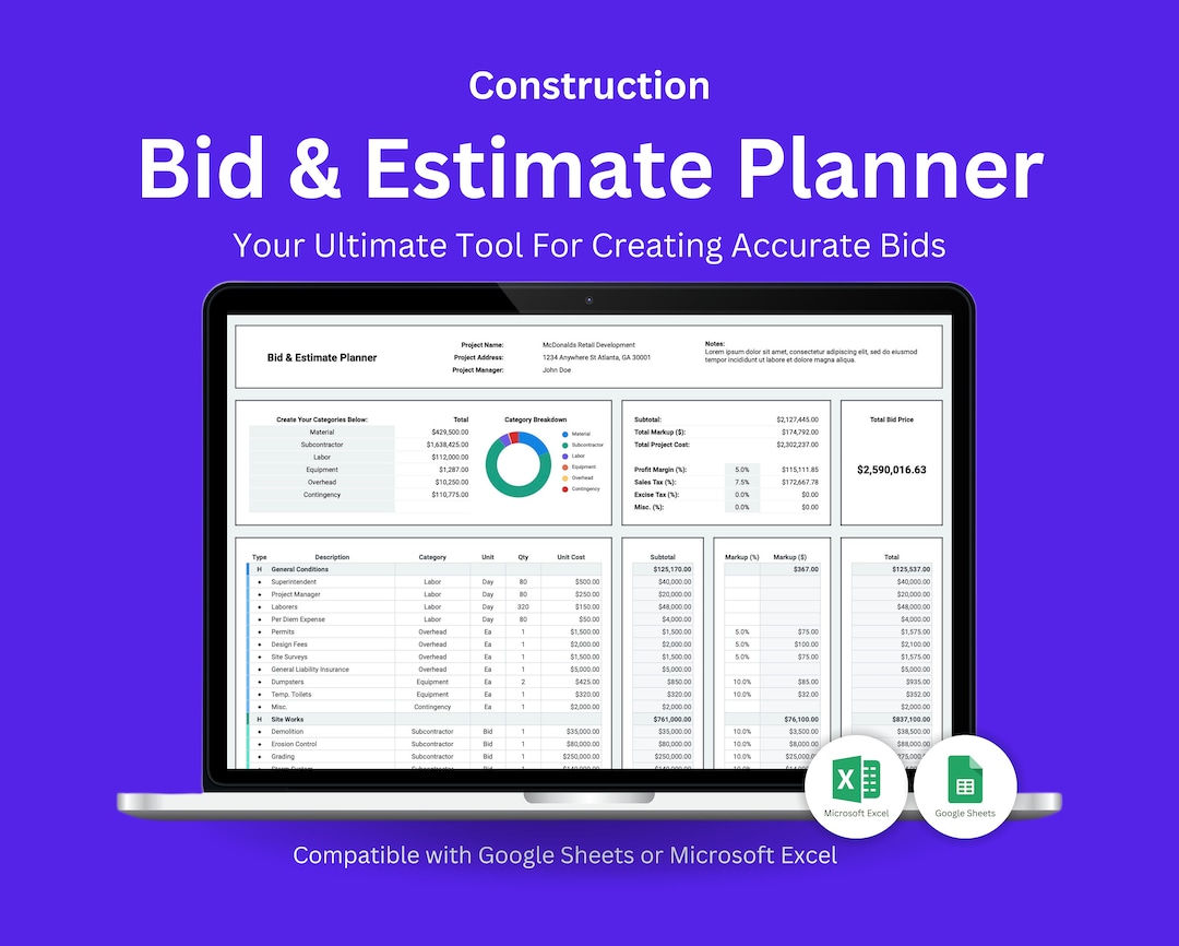 Bid & Estimate Planner, Bidding Template, Estimate Spreadsheet ...