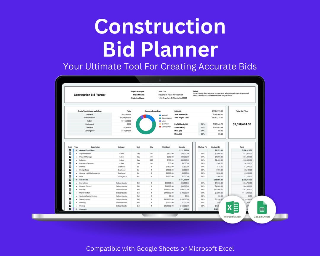 Bid & Estimate Planner, Bidding Template, Estimate Spreadsheet ...