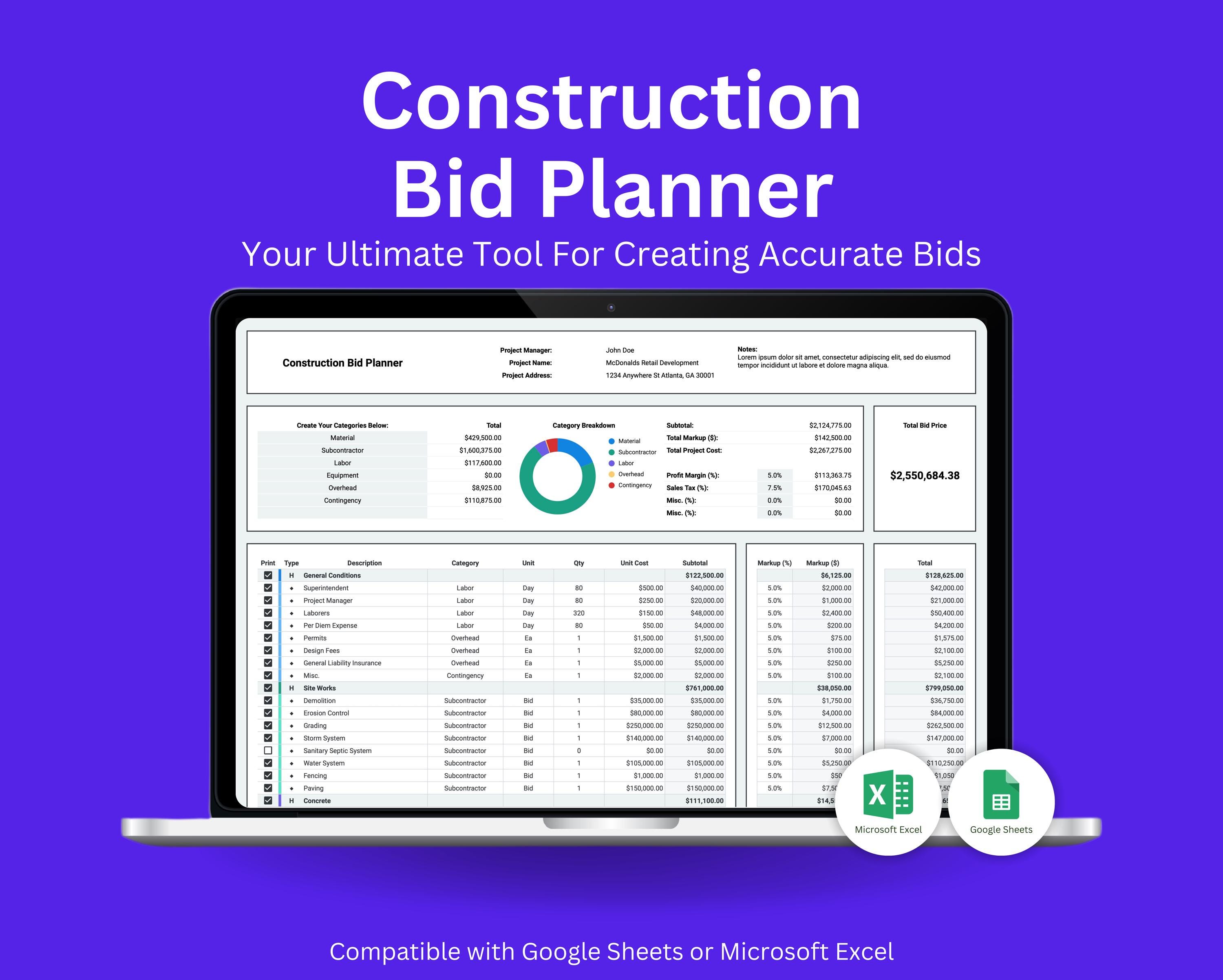Bid & Estimate Planner, Bidding Template, Estimate Spreadsheet ...
