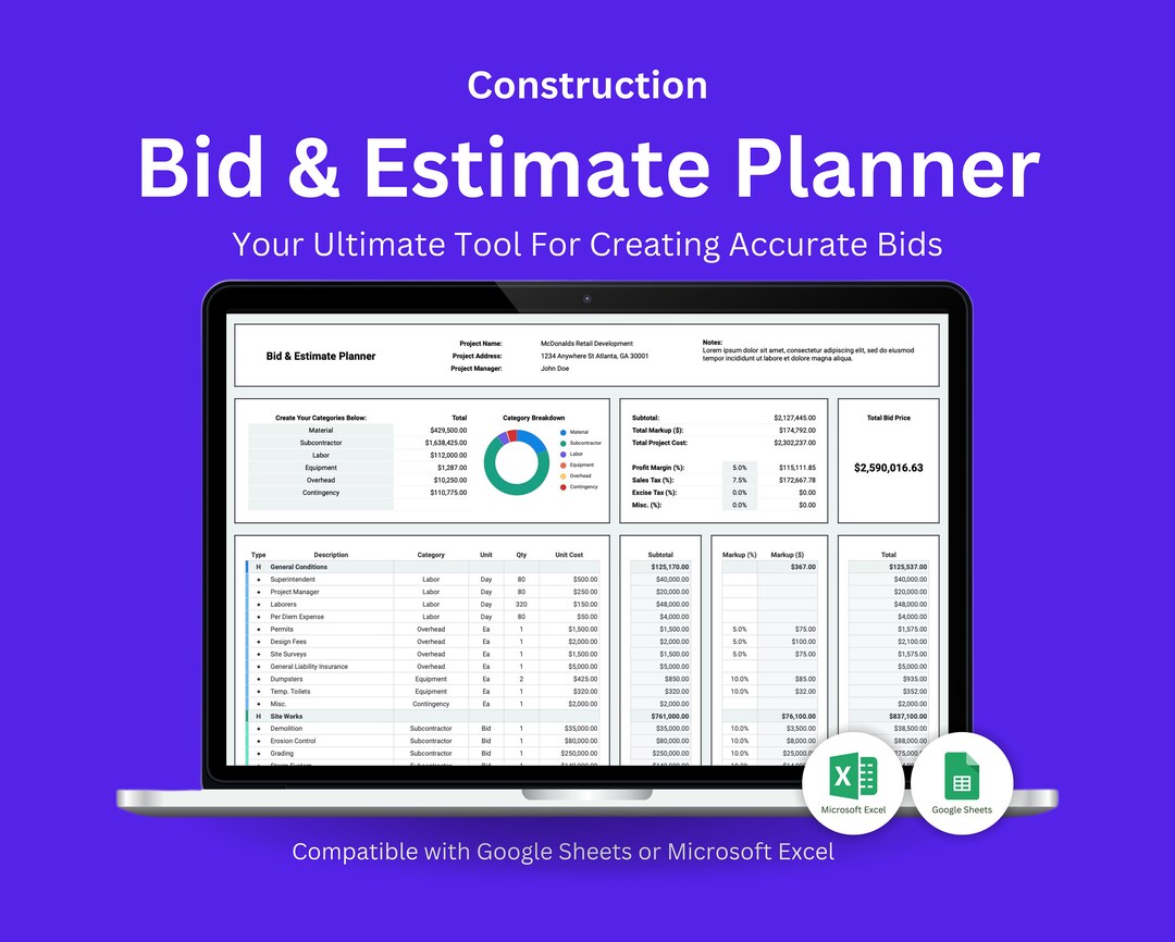 Bid & Estimate Planner, Bidding Template, Estimate Spreadsheet ...
