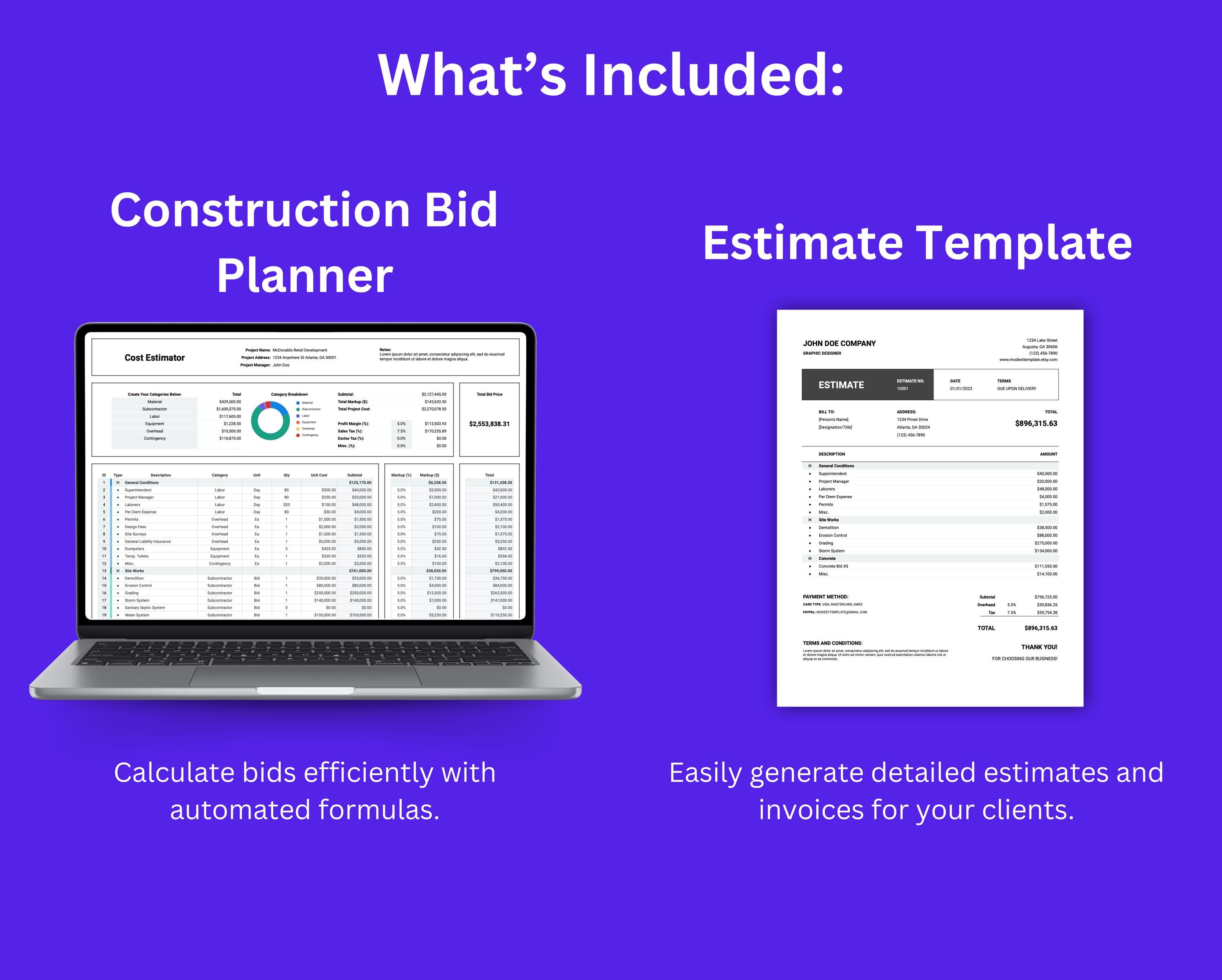 Bid & Estimate Planner, Bidding Template, Estimate Spreadsheet ...