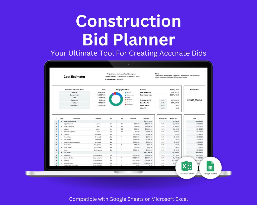 Bid & Estimate Planner, Bidding Template, Estimate Spreadsheet ...