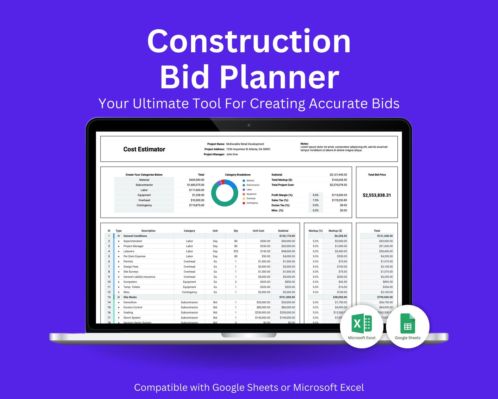 Bid & Estimate Planner, Bidding Template, Estimate Spreadsheet ...
