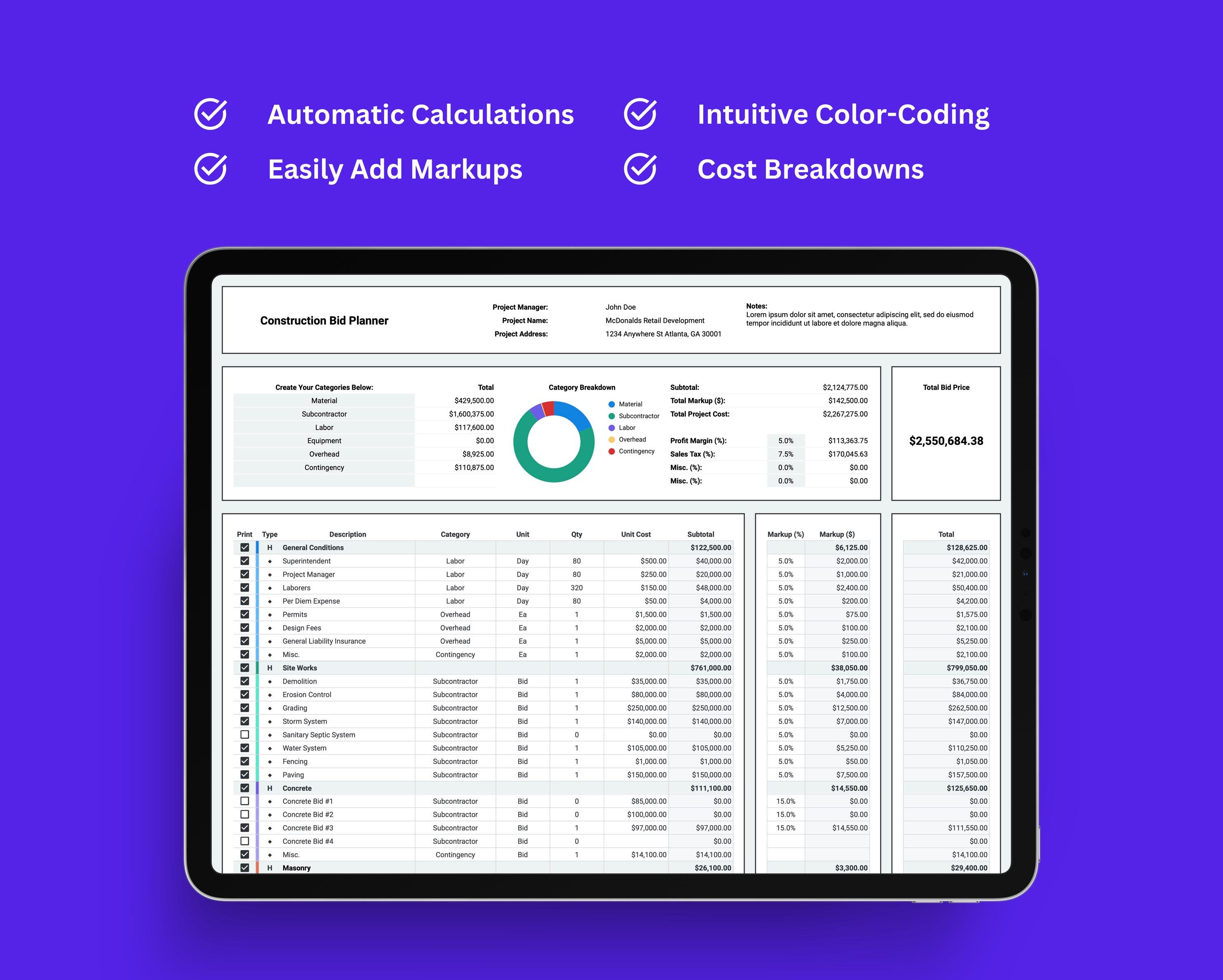 Bid & Estimate Planner, Bidding Template, Estimate Spreadsheet ...