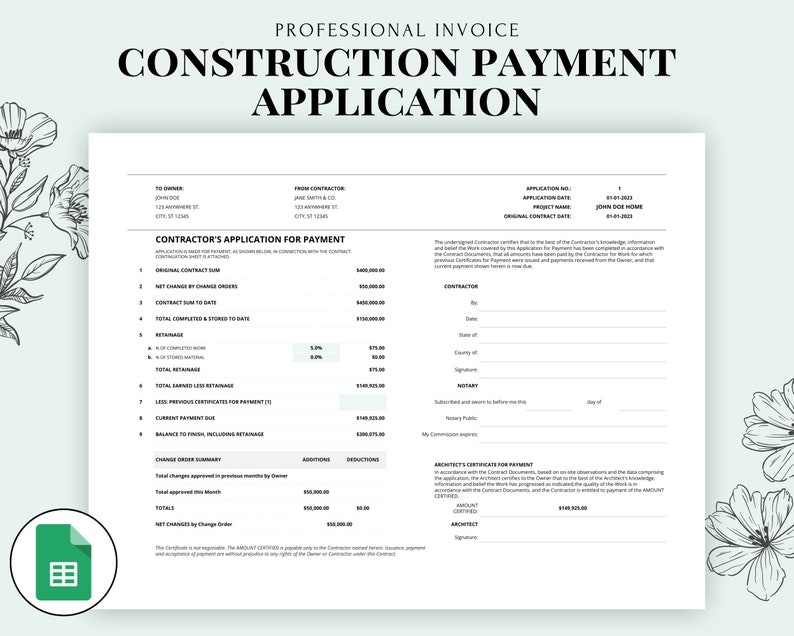 Construction Payment Application Subcontractor Payment - Etsy