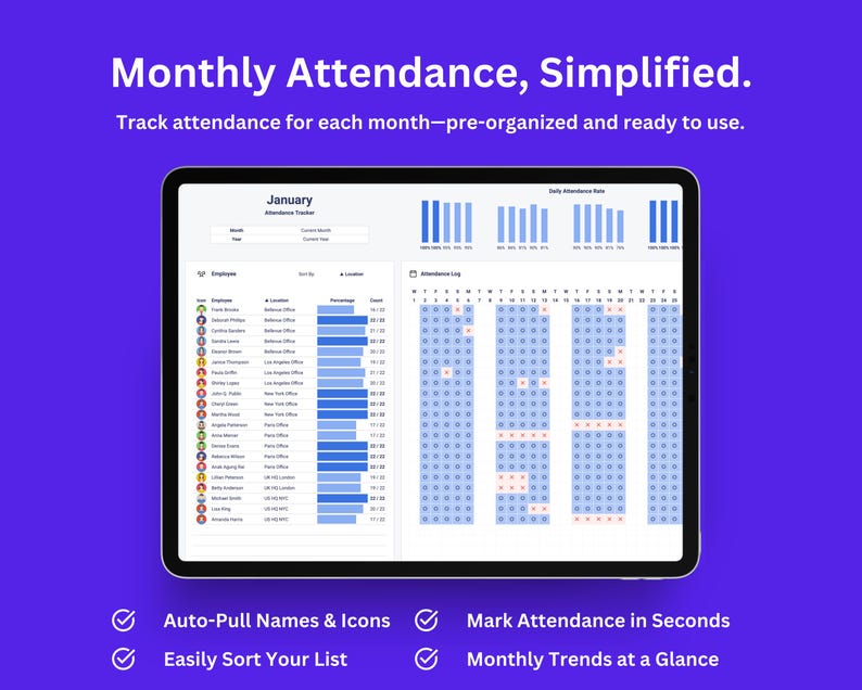 Attendance Tracker Google Sheets Excel | Employee Student Template - Etsy