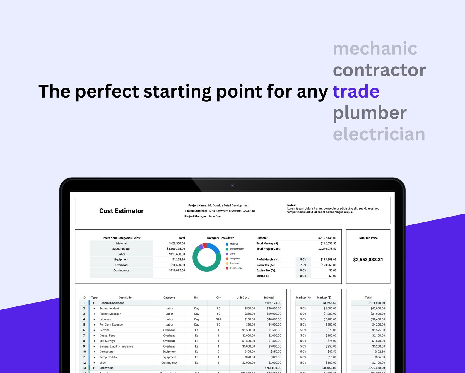 Bid & Estimate Planner, Bidding Template, Estimate Spreadsheet ...