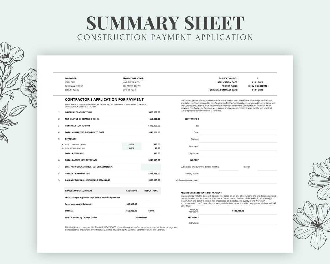Construction Payment Application Subcontractor Payment - Etsy