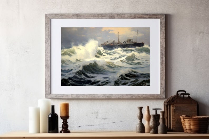 Vintage Wall Art Print, Rough Sea With Ship, Dramatic Seascape Image ...