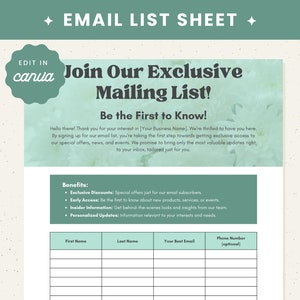 Printable Email List Sign-up Sheet Template Color Mint| Editable ...
