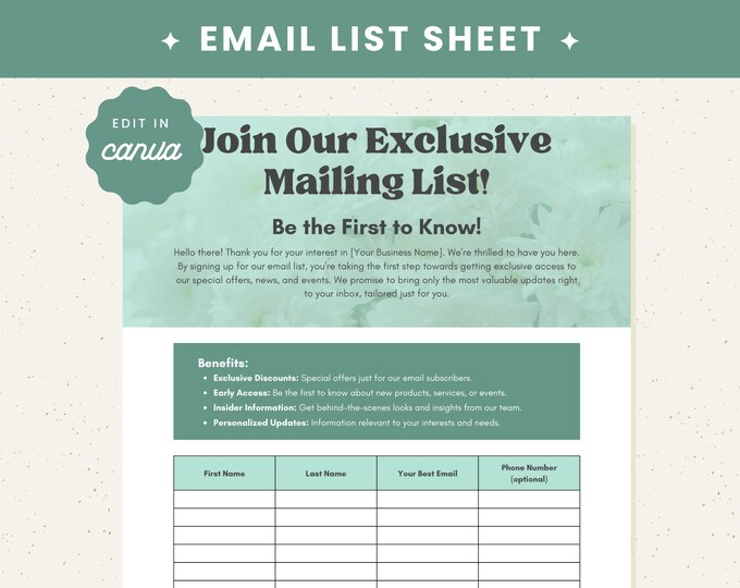 Printable Email List Sign-up Sheet Template Color Mint| Editable ...