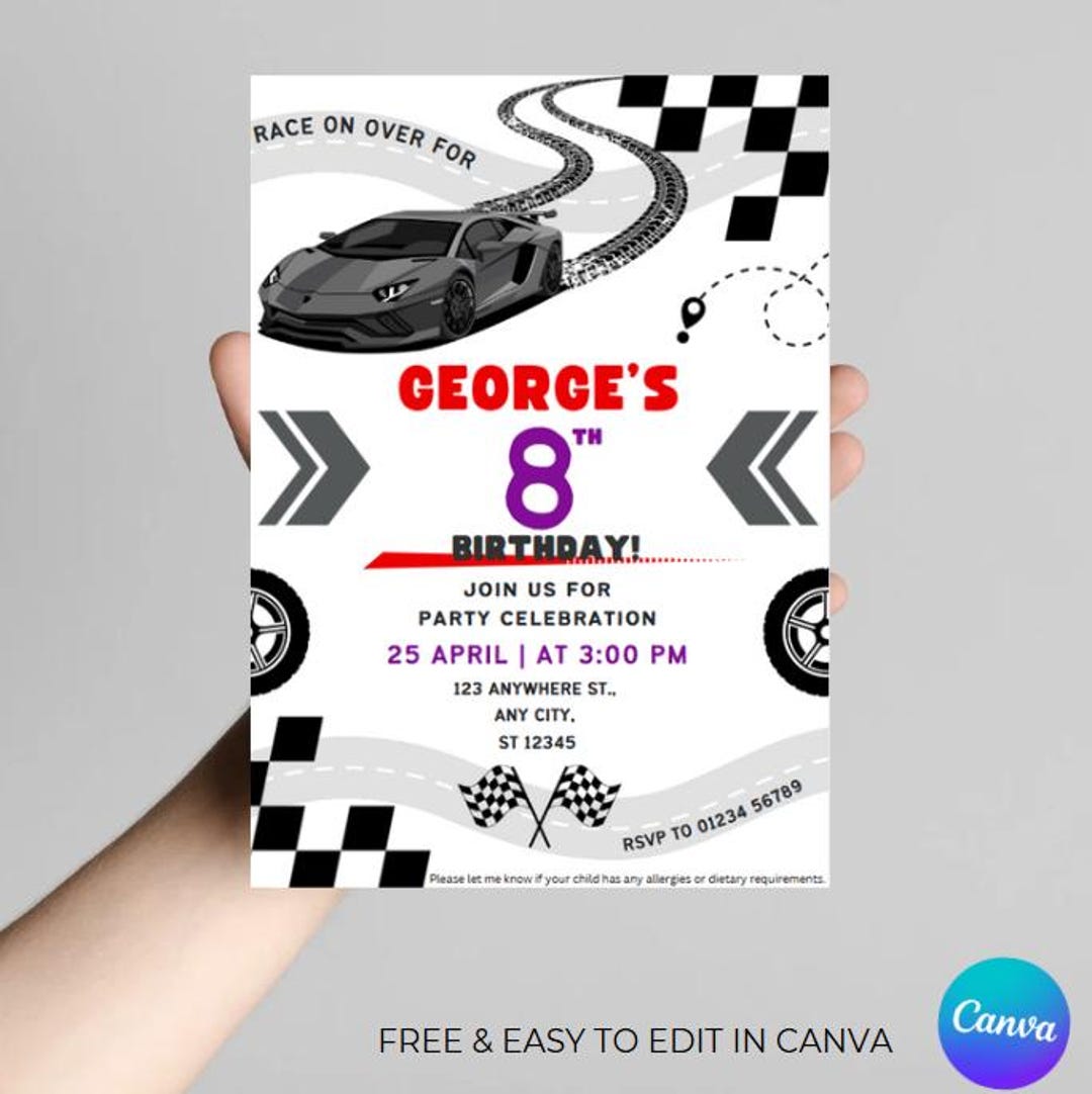 Party Invite, Party Invitation, Birthday Party Invite, Racing Car ...