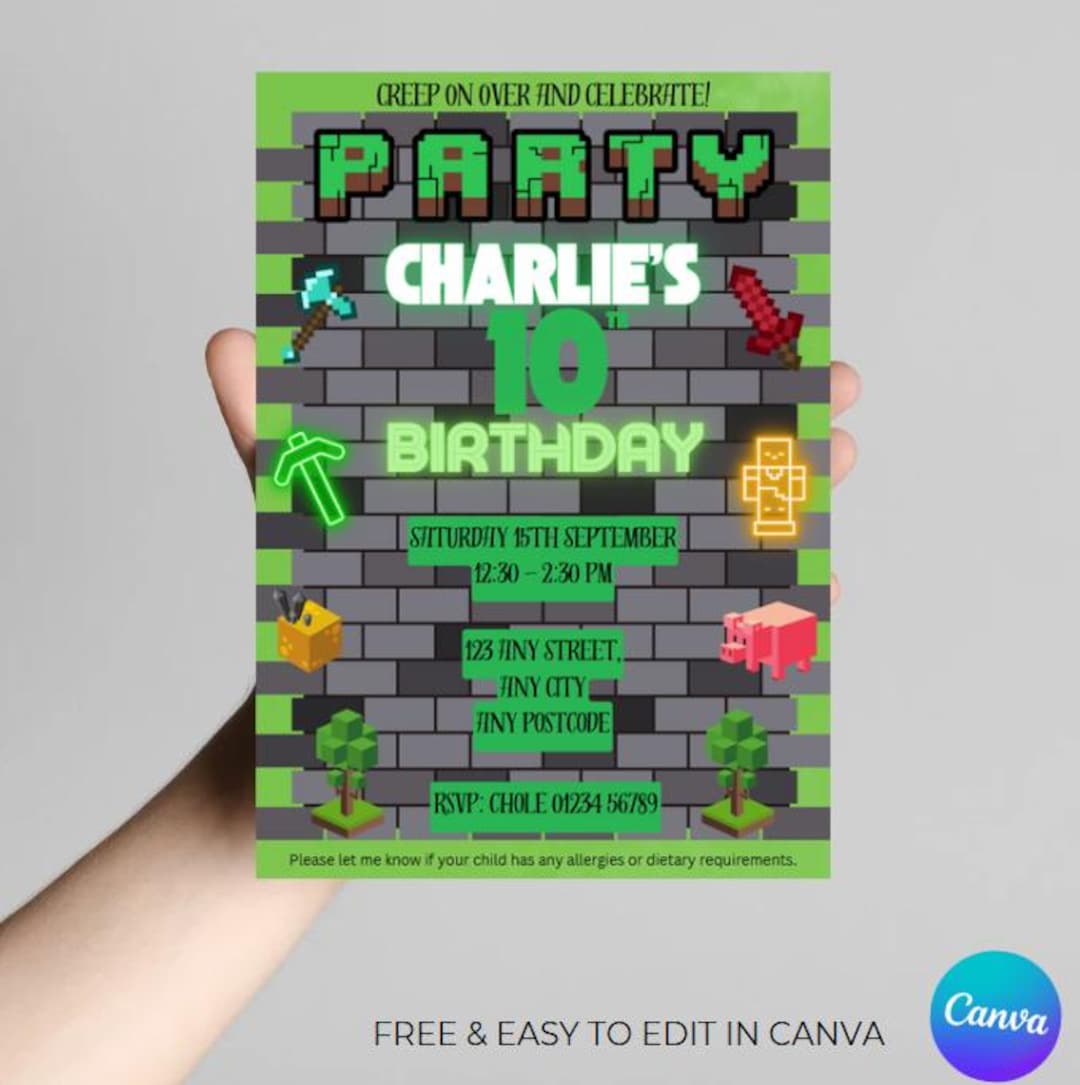 Party Invite, Party Invitation, Birthday Party Invite, Minecraft Party ...