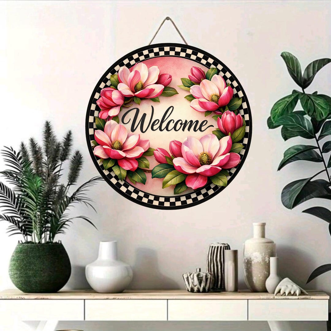 Magnolia Welcome Sign – Pink Floral Door Hanger, Checkered Border ...