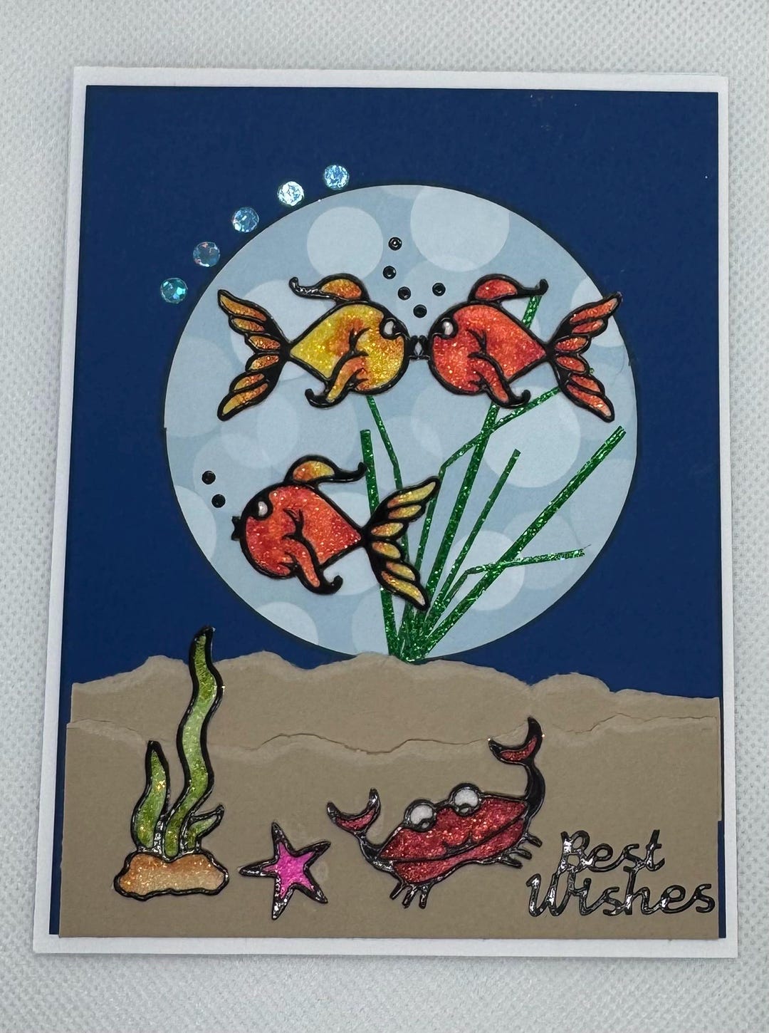 Best Wishes Ocean Beach Fish Crab Under the Sea Handmade Glitter Card ...