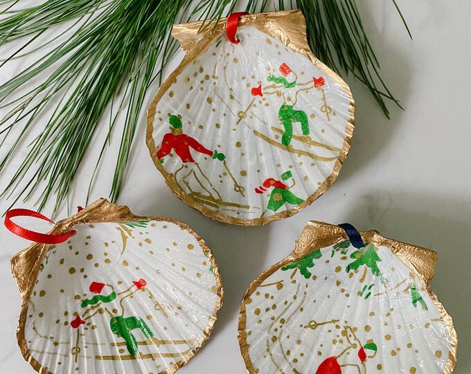 SKIING Decoupage Scallop Shell Ornaments Gift Christmas Gift Holiday ...
