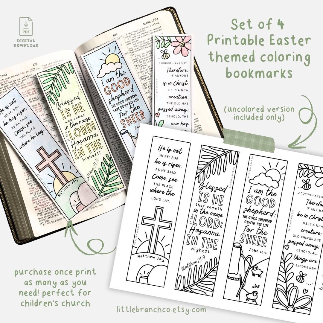 Set of 4 Printable Christian Easter KJV Bible Bookmarks to Color, He is ...