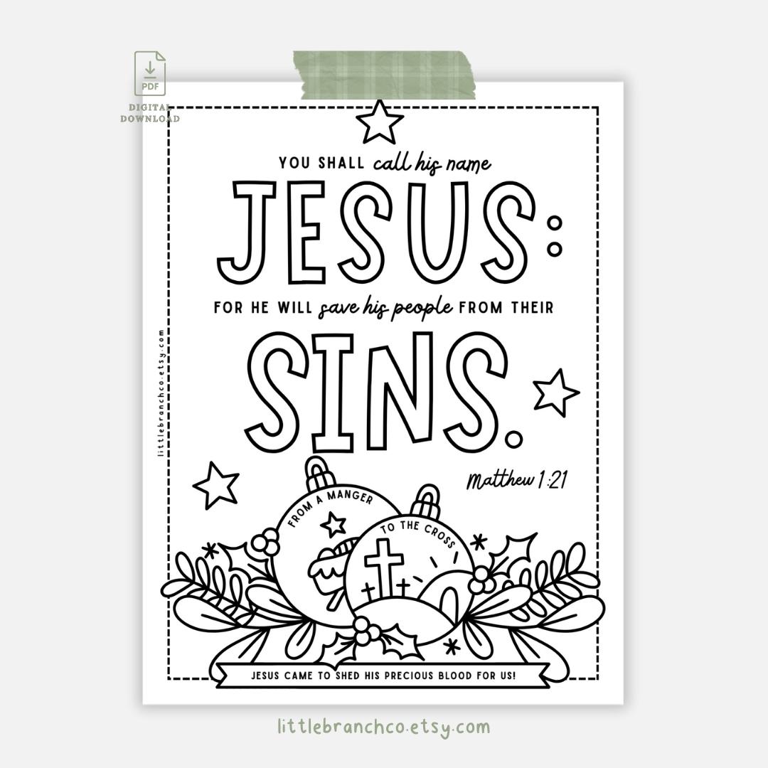 Printable Christian Christmas Colouring Page Matthew 1:21 Letter Size ...