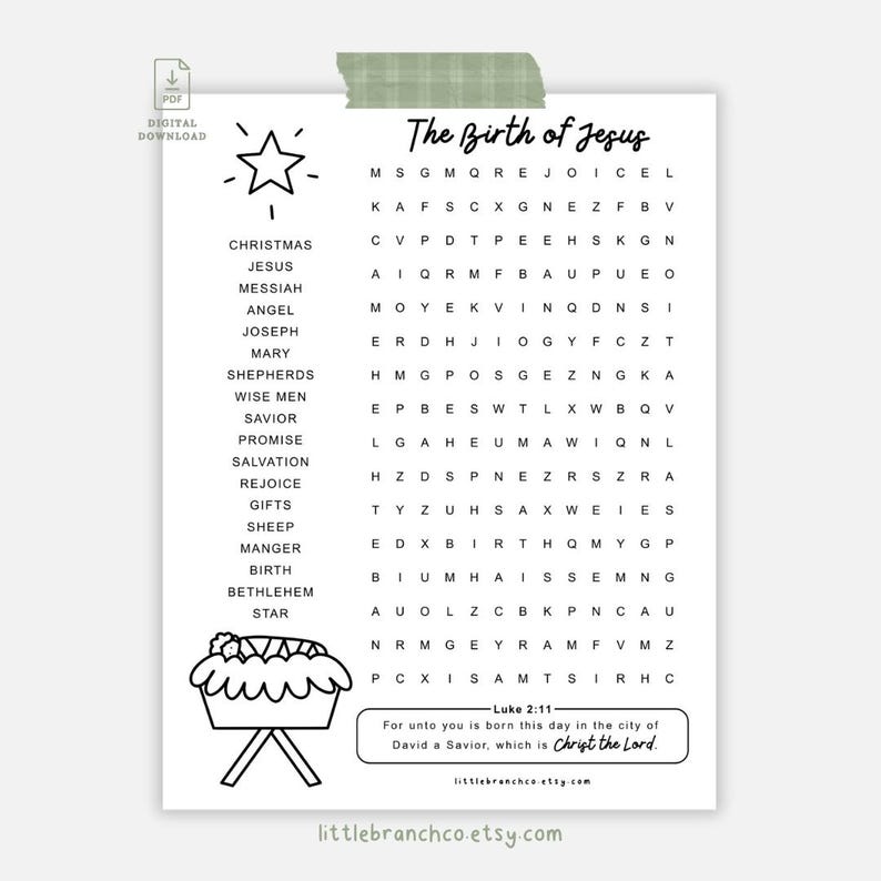 Printable Birth of Jesus Christmas Nativity Word Search, Religious ...