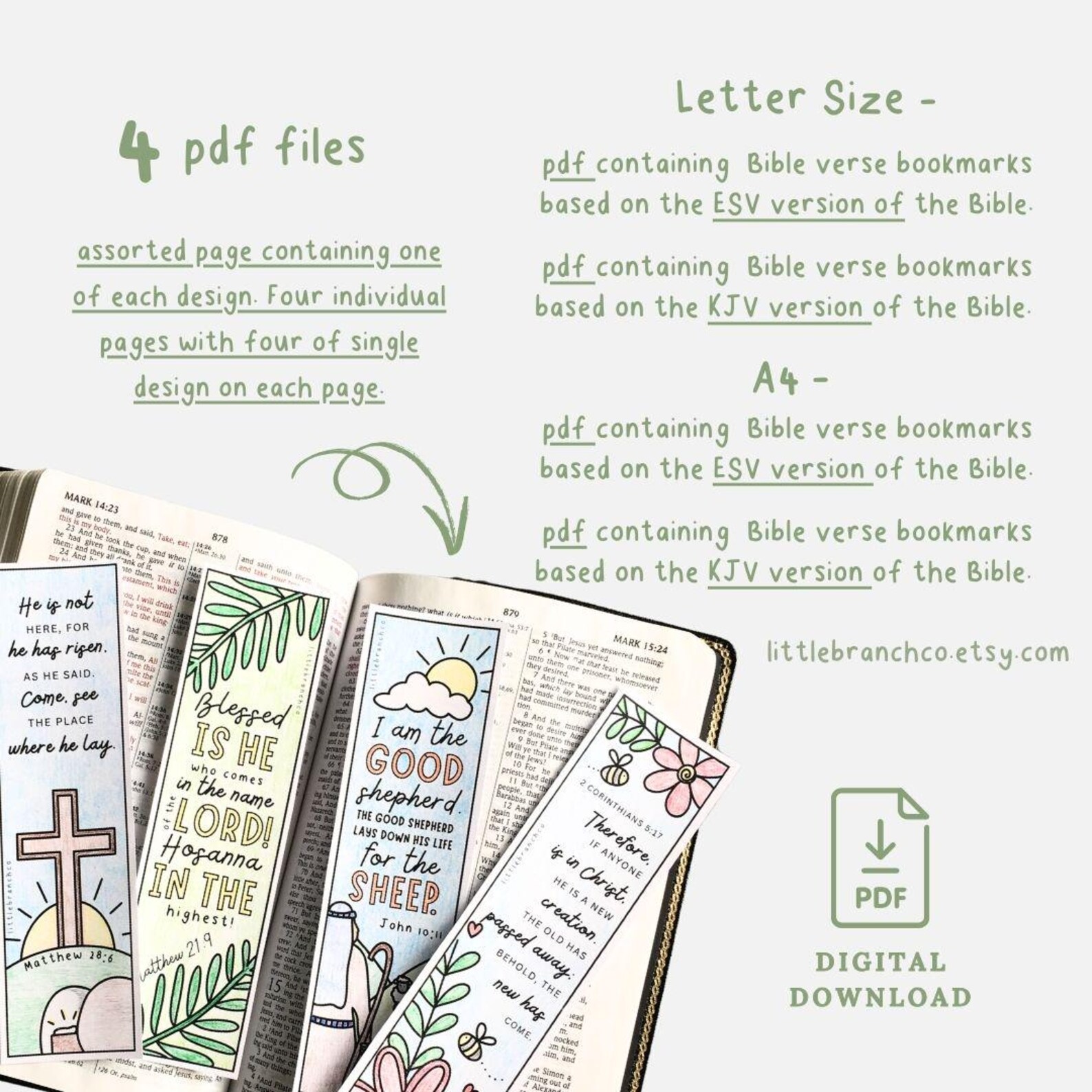 Set of 4 Printable Christian Easter KJV Bible Bookmarks to Color, He is ...