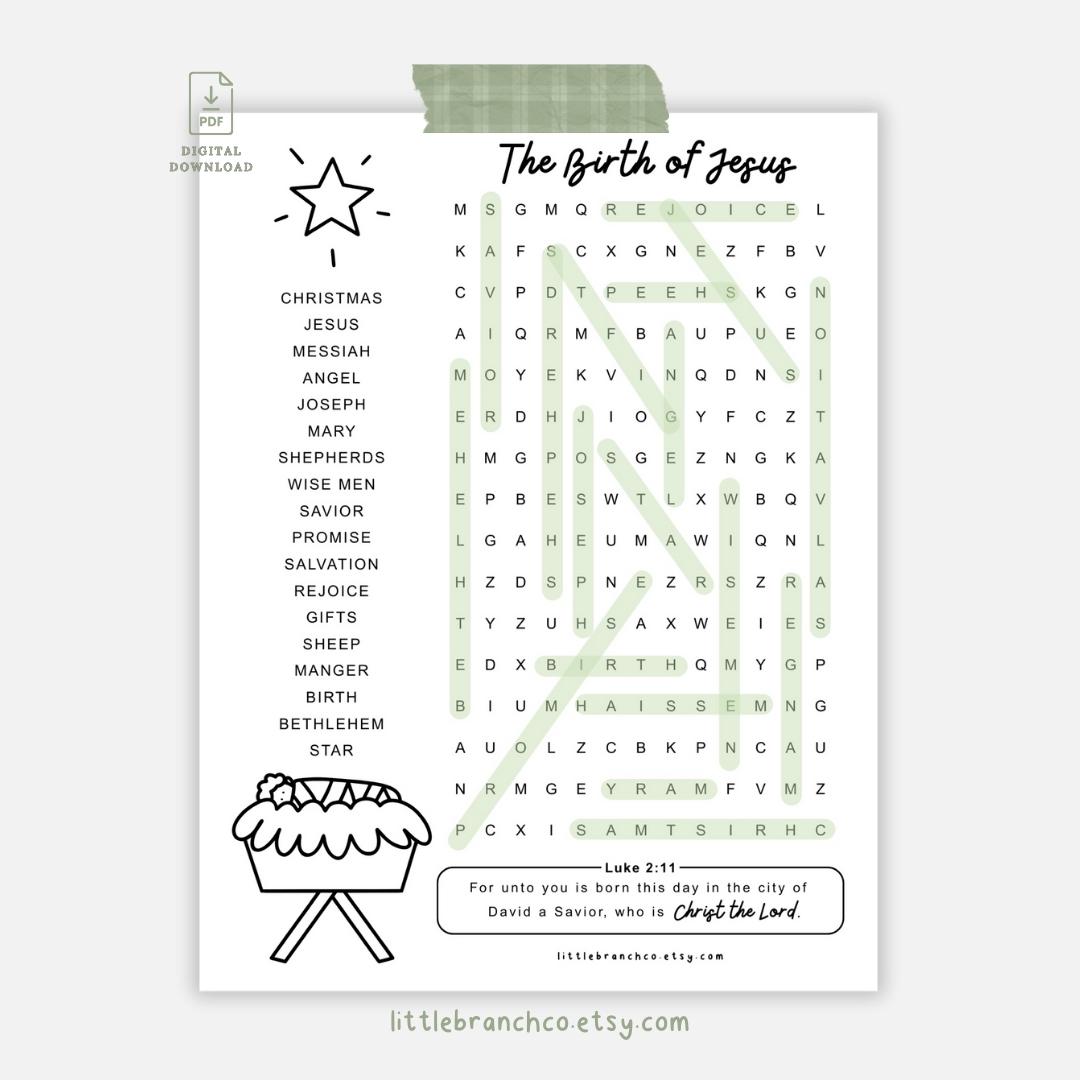 Printable Birth of Jesus Christmas Nativity Word Search, Religious ...