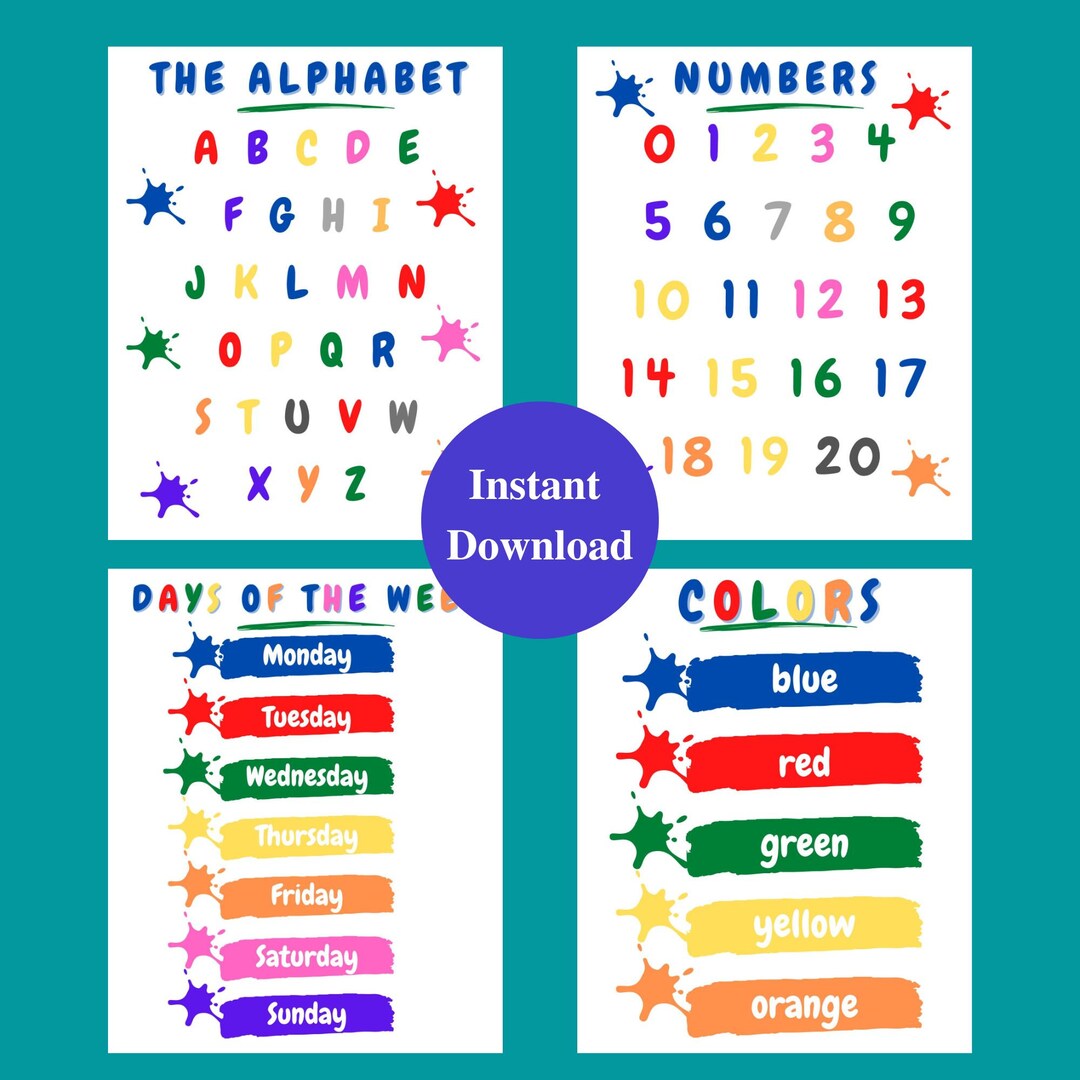 Alphabet, Numbers, Colors, Days of the Week Digital Download, Printable ...
