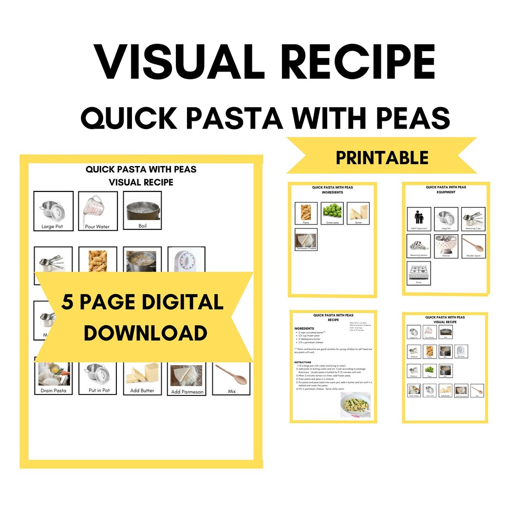 QUICK PASTA With PEAS Printable Visual Recipe for Toddlers and Young ...