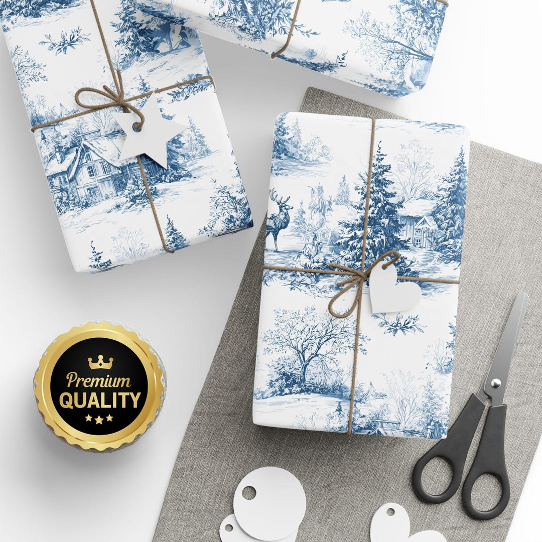 Vintage Blue Christmas Toile Wrapping Paper, Holiday Gift Wrap, Elegant ...