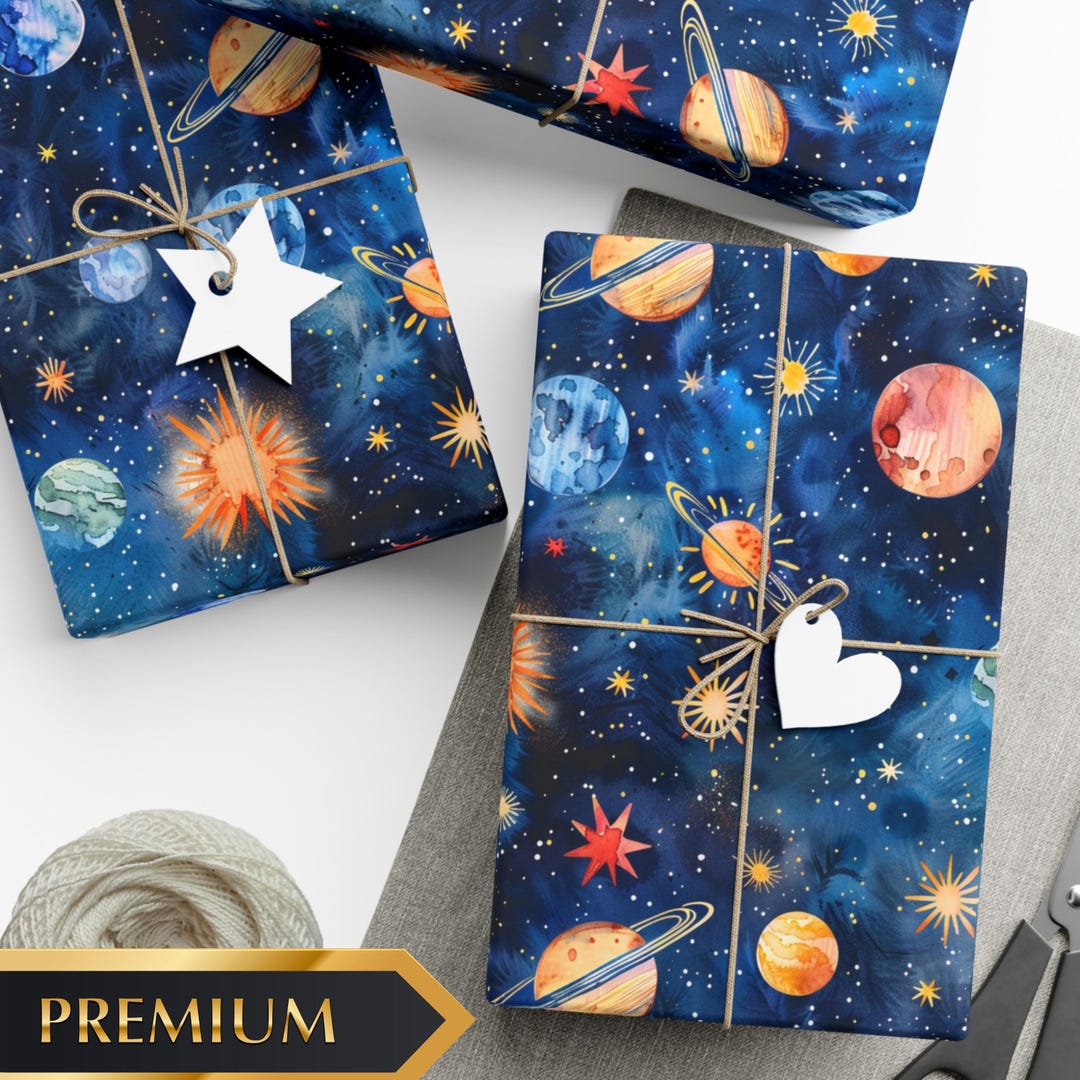Blue Celestial Wrapping Paper Outer Space Gift Wrap, Watercolor Planet ...