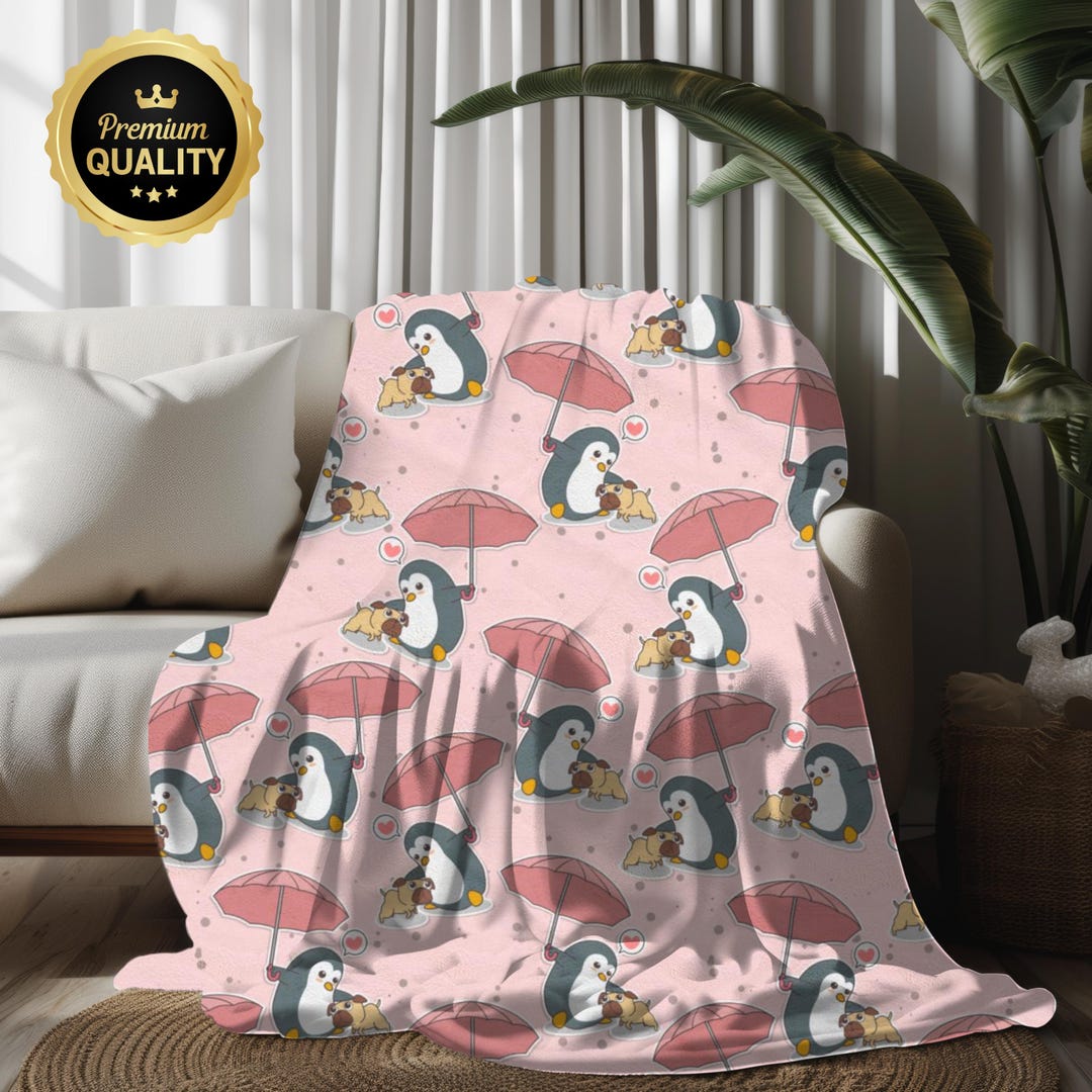 Kawaii Penguin and Pug Blanket | Cute Holiday Dog Throw | Festive ...