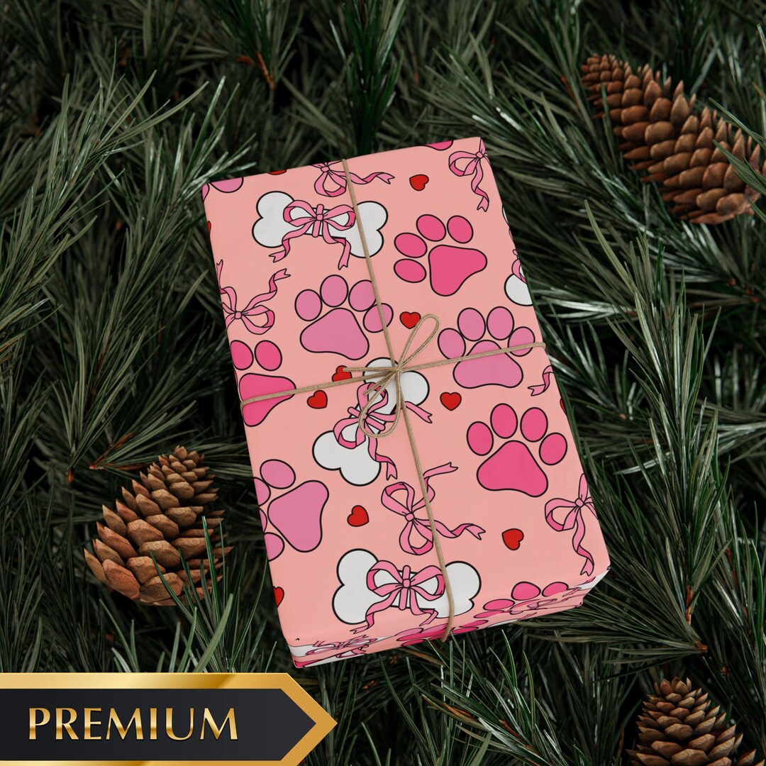 Valentines Day Dog Gift Wrap, Cute Coquette Paw Print Wrapping Paper ...