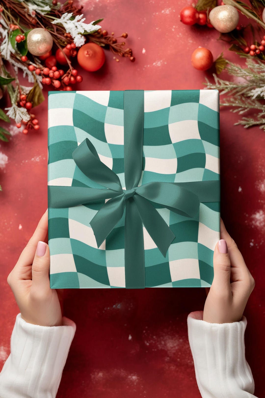 Blue Wavy Checkered Wrapping Paper Holiday Gift Wrap Traditional ...