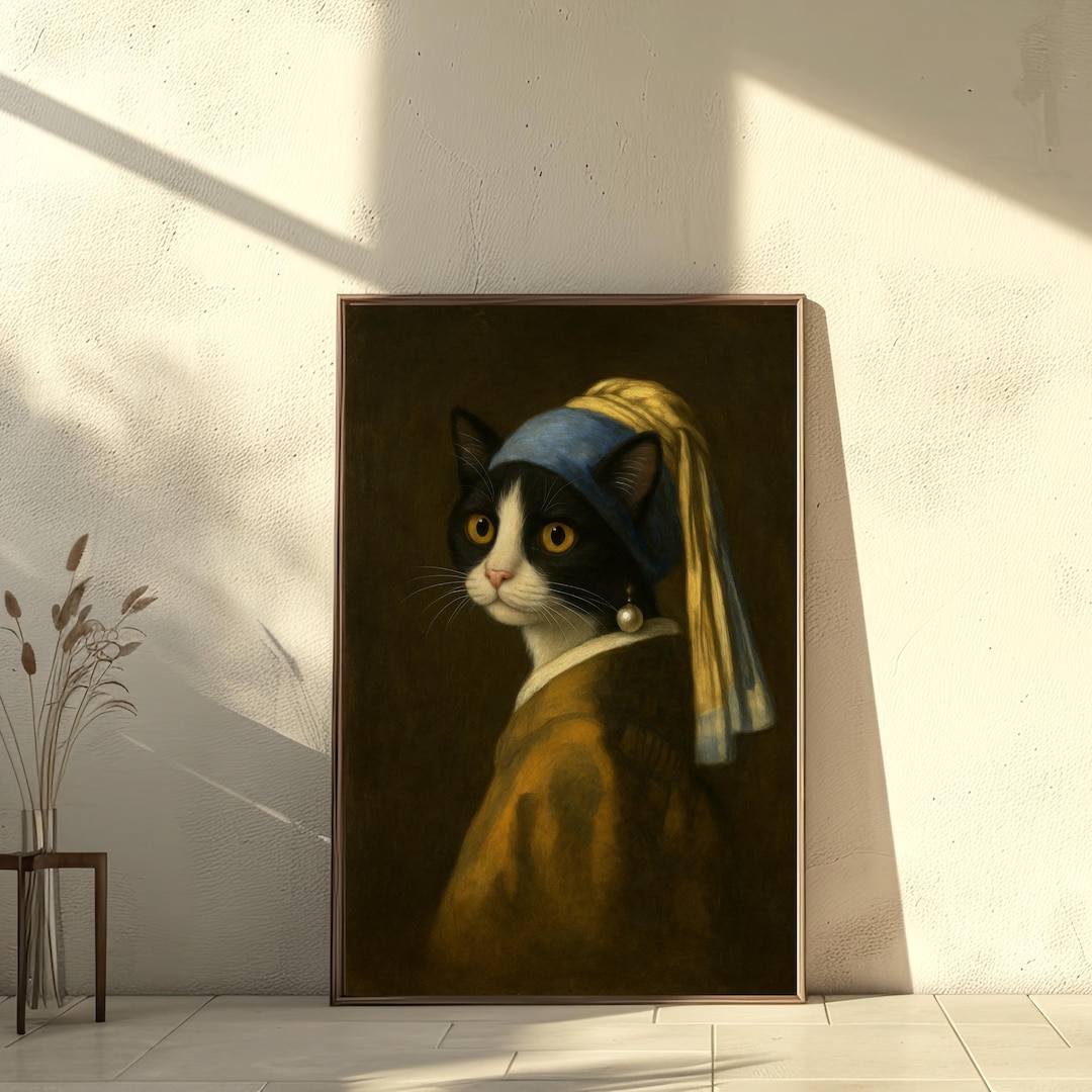 Tuxedo Cat Portrait in Girl With a Pearl Earring Style - Whimsical Art ...
