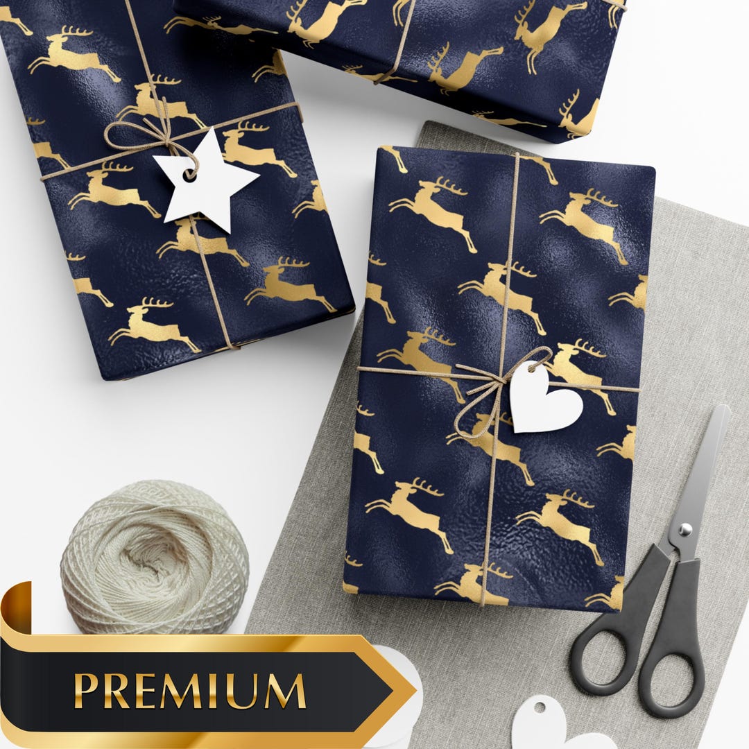 Elegant Navy Blue and Gold Reindeer Wrapping Paper Elegant Gift Wrap ...